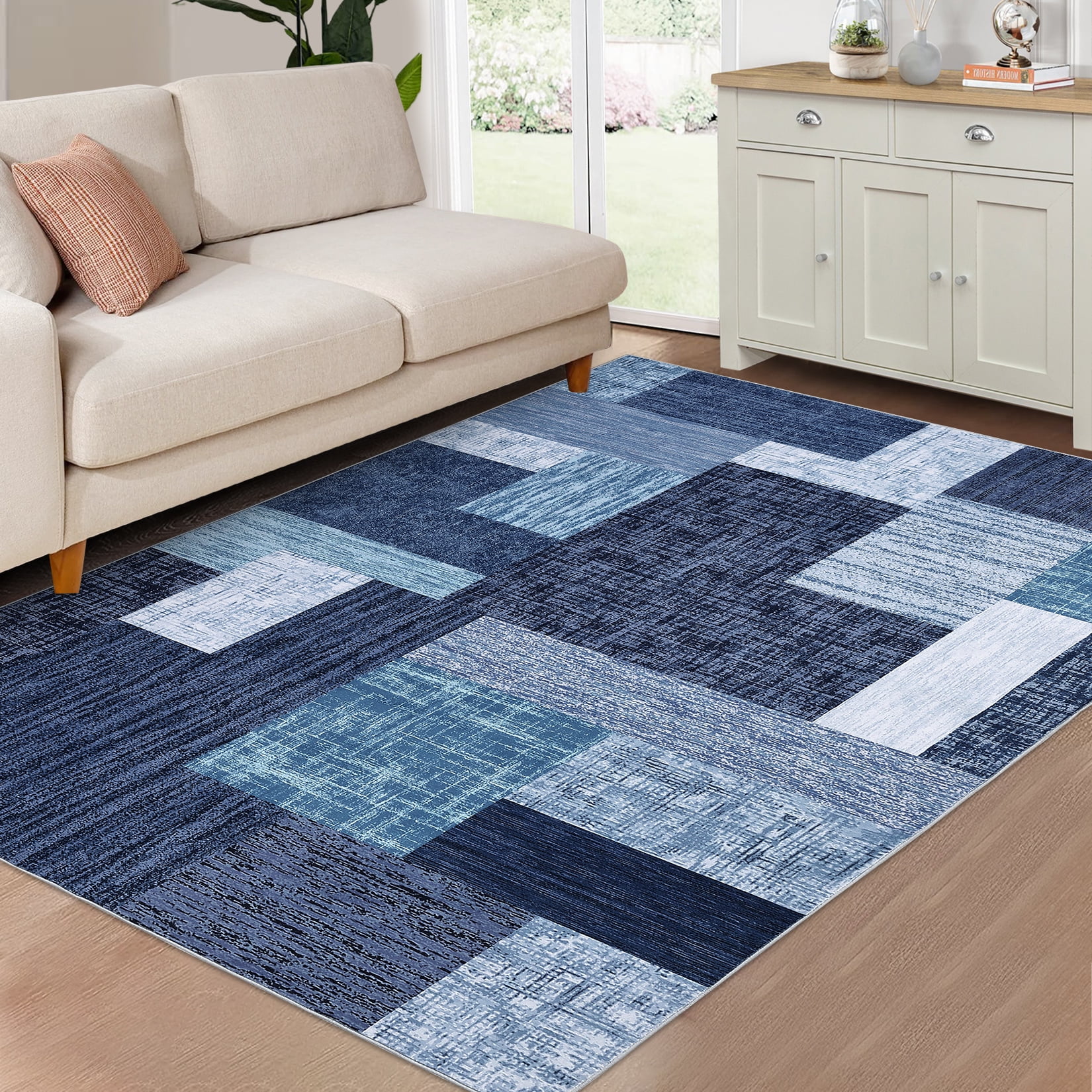 Hasoo Modern Geometric Patchwork Rug 4' x 6' Anti-Slip Area Rug for Living Room Bedroom Dining ...