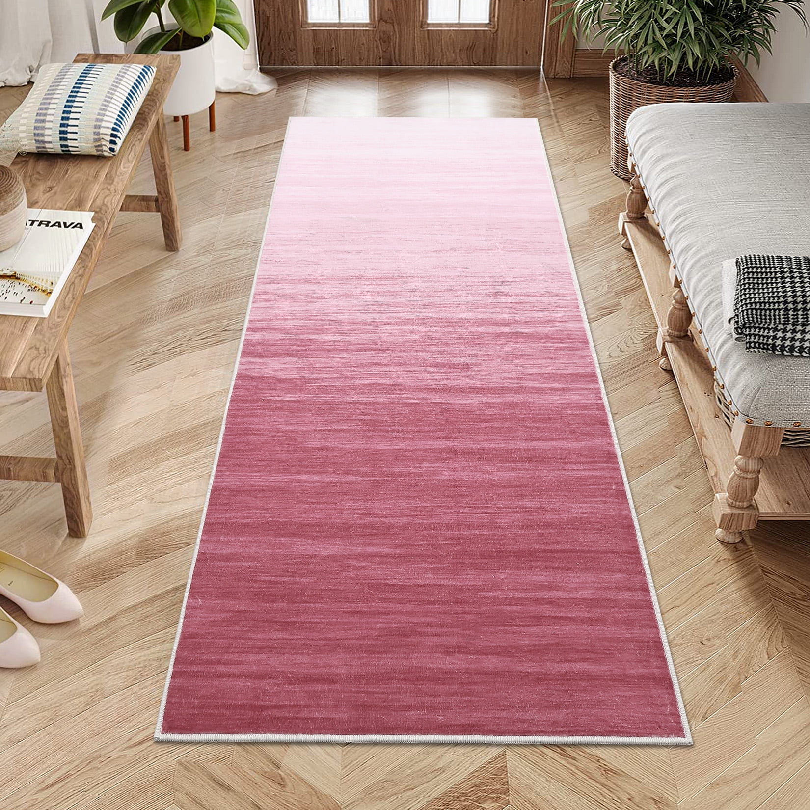 Hasoo Pink Transitional Runner Rug, Non Slip Stain Resistant Runner ...