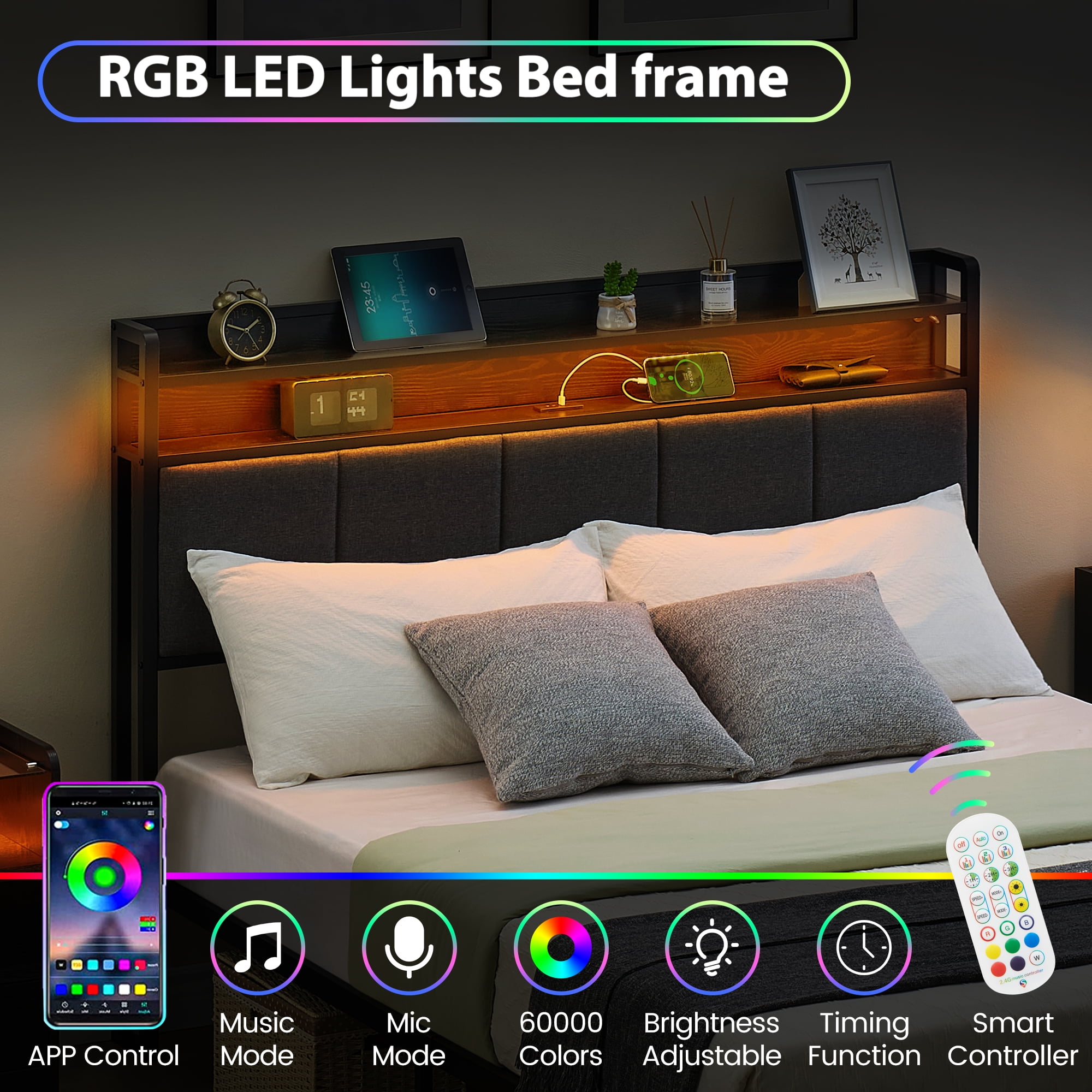 Hasoo Queen Bed Frame with RGB LED Light Underneath, Controlled by APP ...