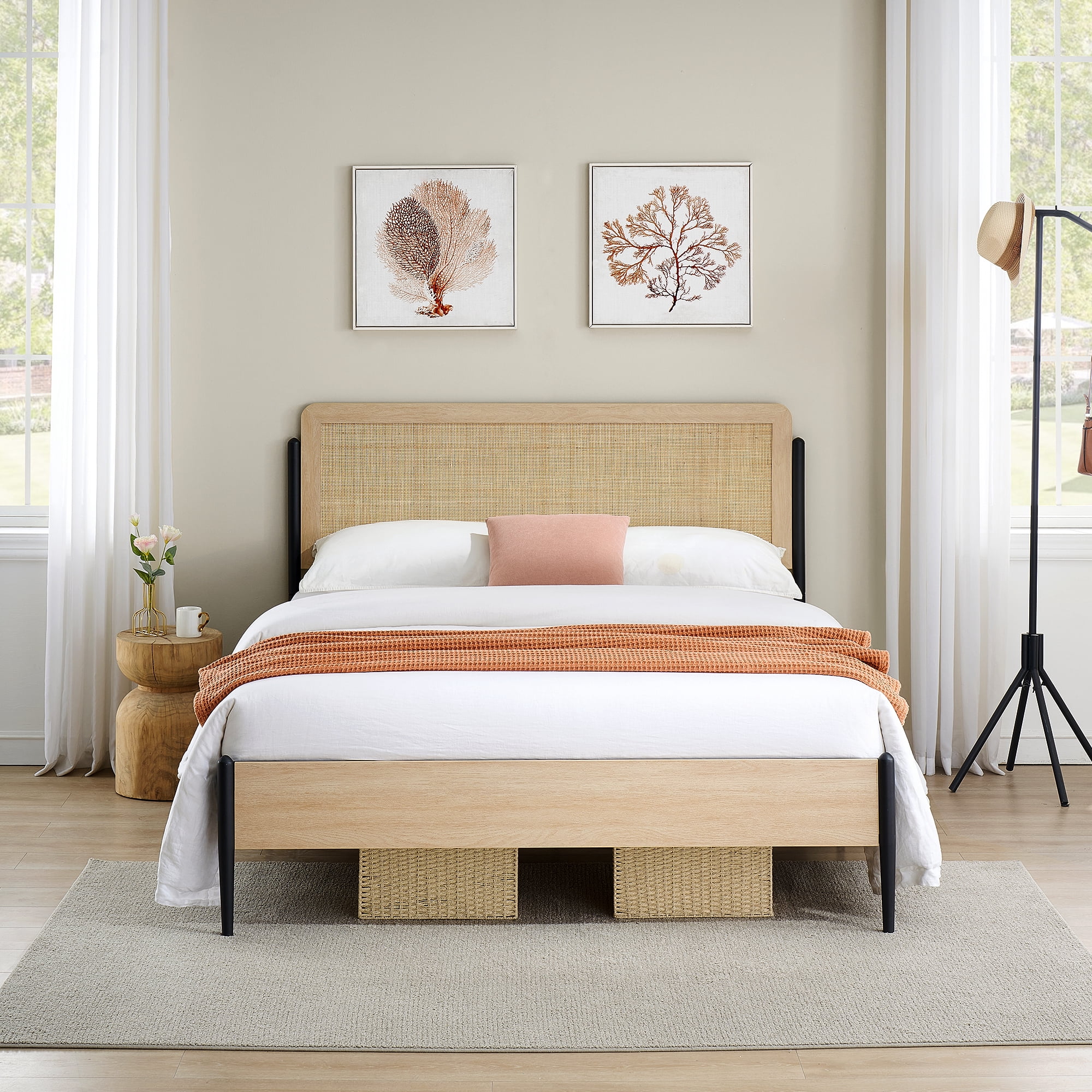 Hasoo Queen Size Metal Bed Frame with Curved Rattan Headboard and ...