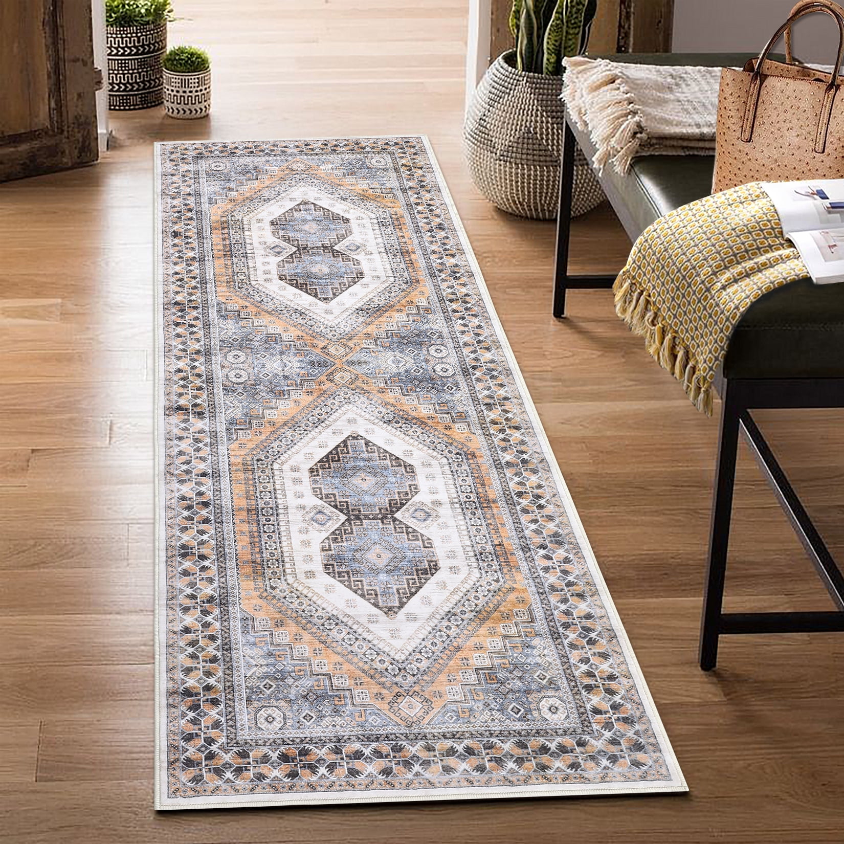 Hasoo Runner Rug 2x6 Distressed Geometric Floral Indoor Washable Rug ...