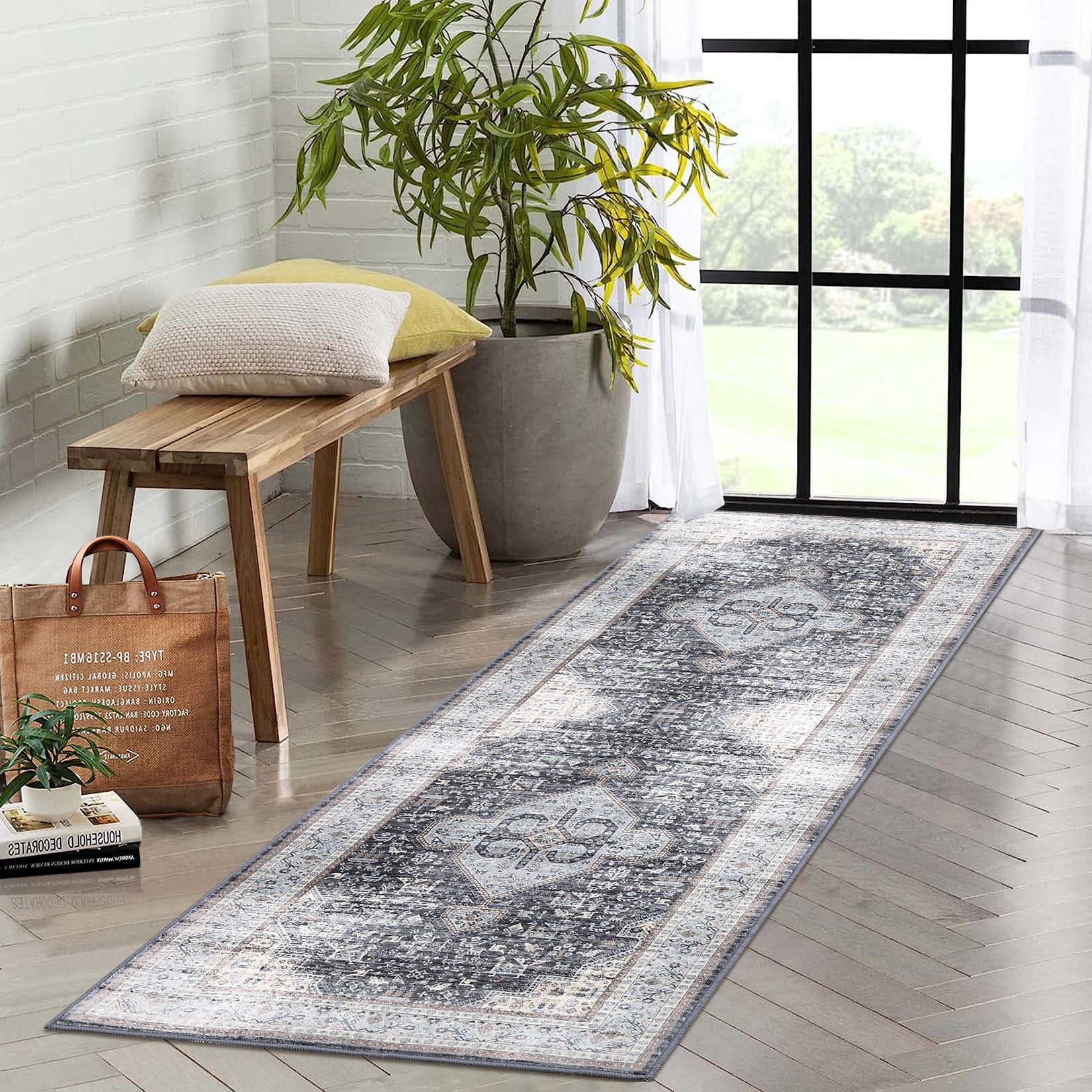 Hasoo Runner Rug 2x6 Distressed Medallion Floral Indoor Washable Rug ...