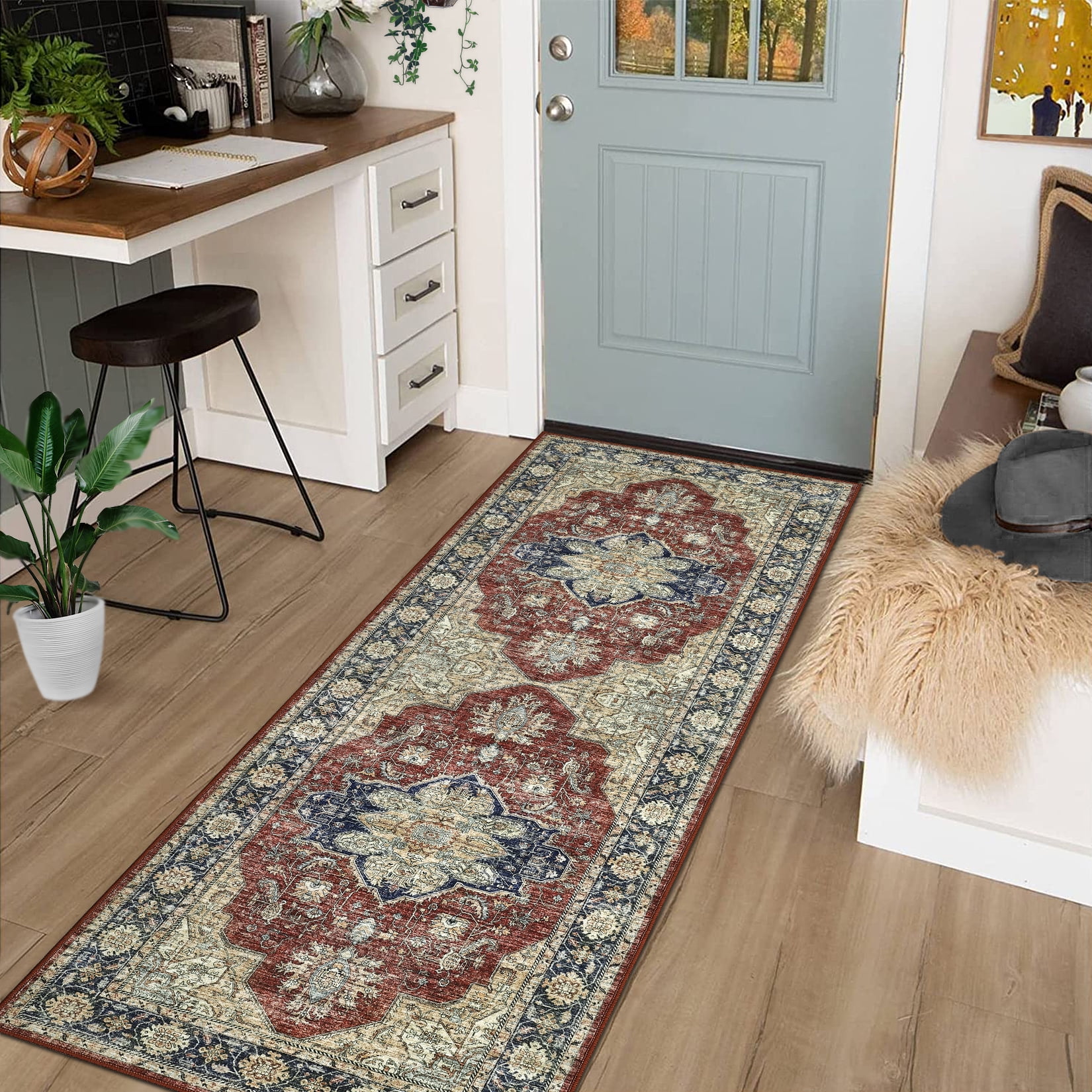 Hasoo Runner for Hallway Vintage Non Slip Throw Rugs Floral Bedroom Rug ...