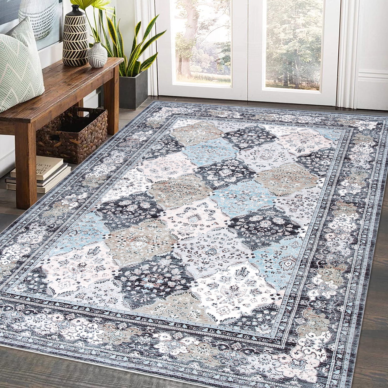 Hasoo Vintage Foldable Area Rug 8' x 10' Traditional Floral Rug Blue ...