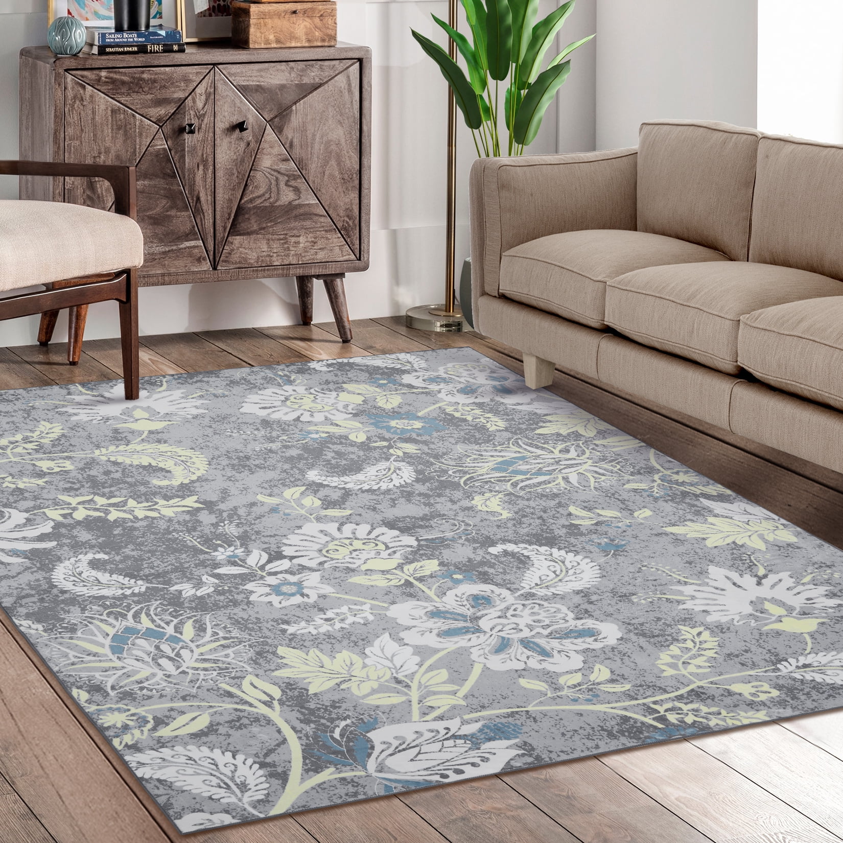 Hasoo Washable Area Rug 4' x 6' Modern Floral Rugs for Living Room Non ...