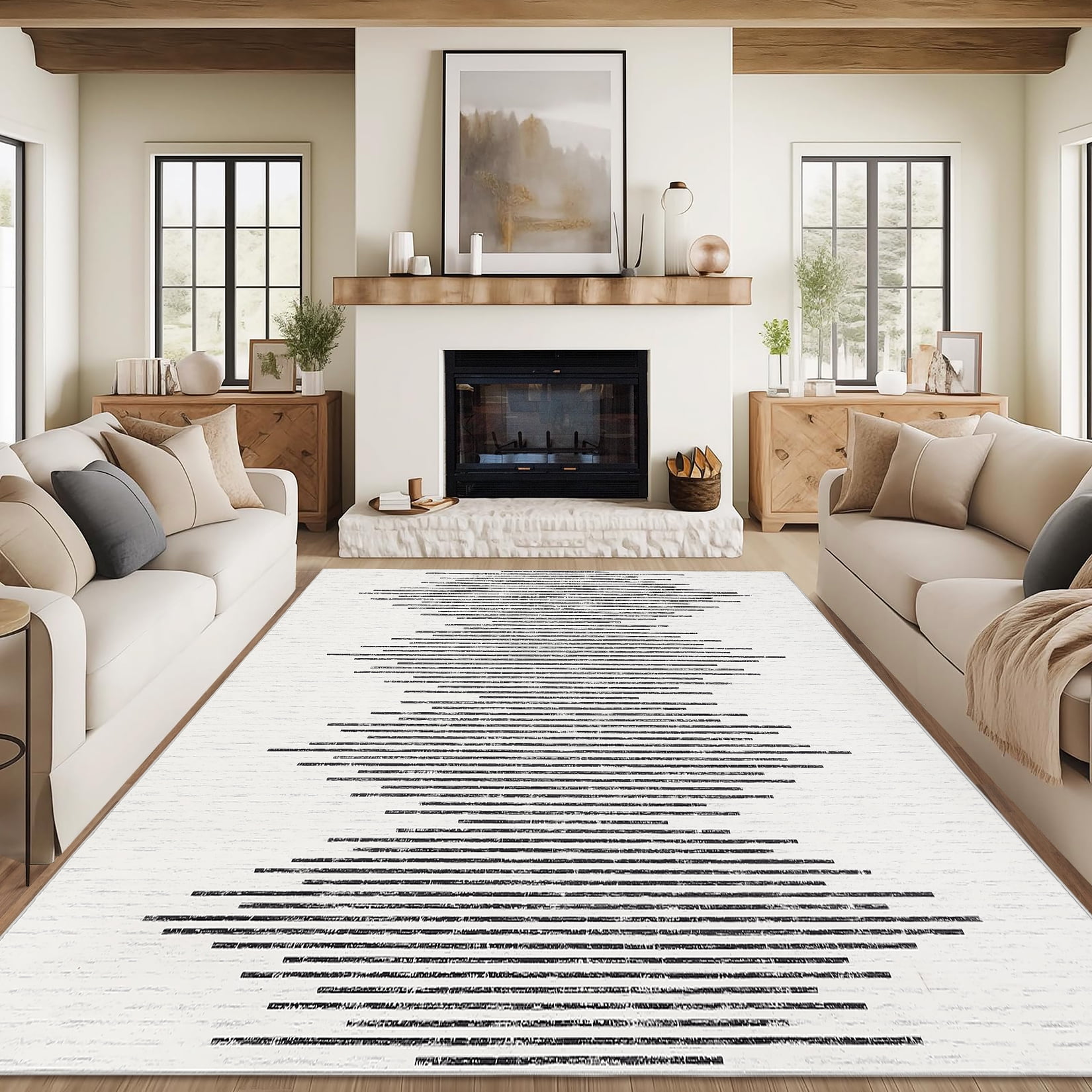 Hasoo Washable Bedroom Rug Geometric Striped Area Rug Soft Non Slip Low ...