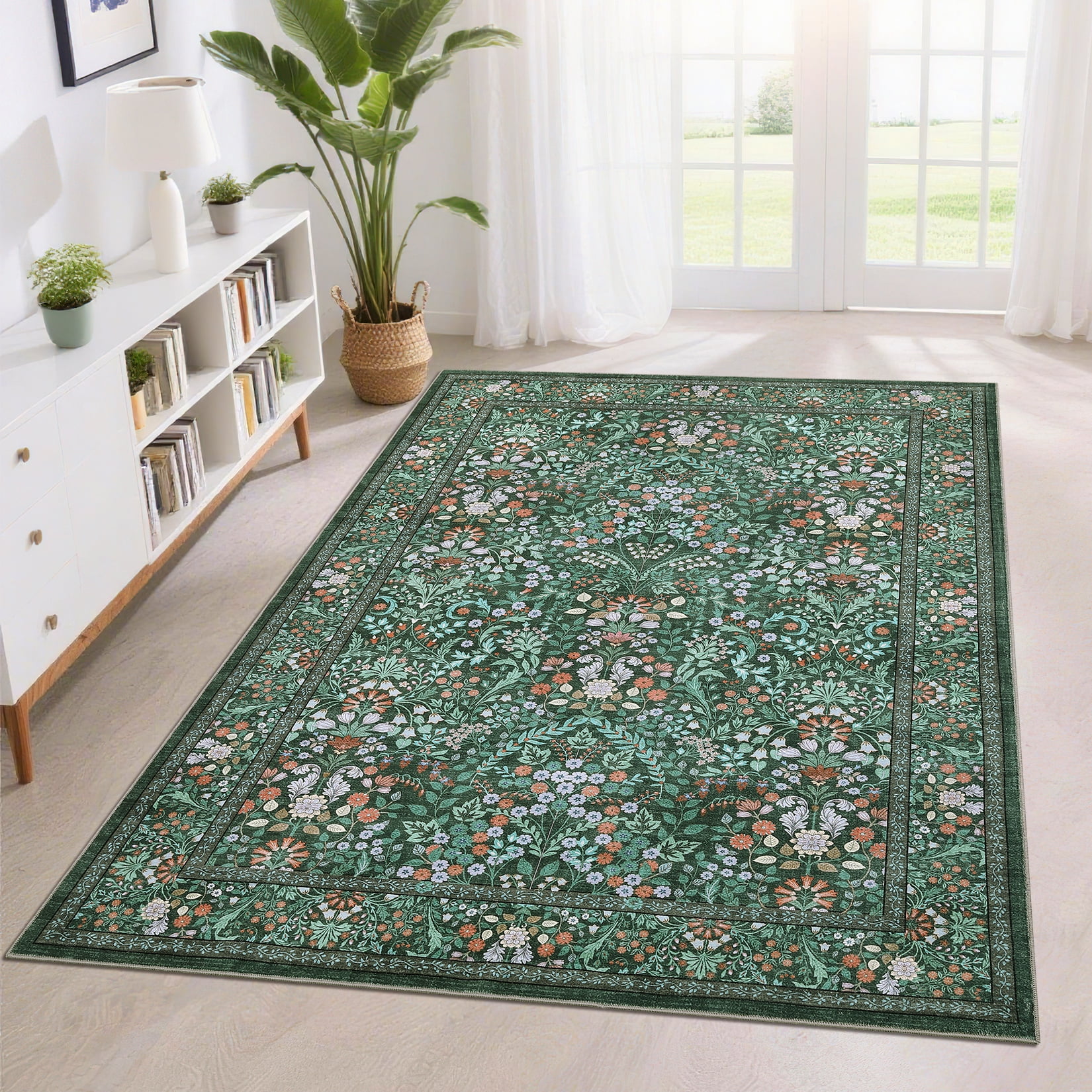 Hasoo Washable Living Room Area Rug 5x7 Modern Floral Non-Slip Soft Low ...