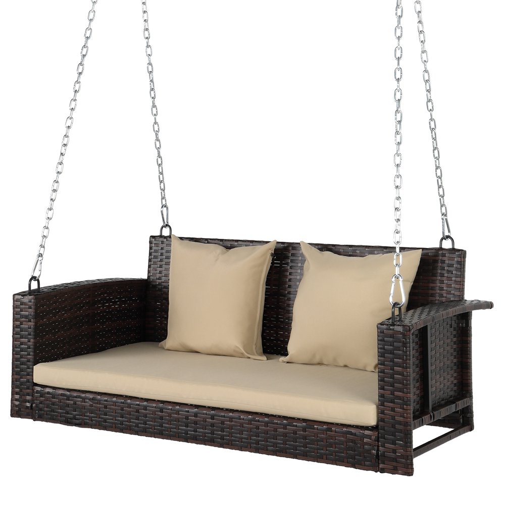 Hassch 2-Seat Patio Rattan Porch Swing, Outdoor Wicker Porch Swings W ...