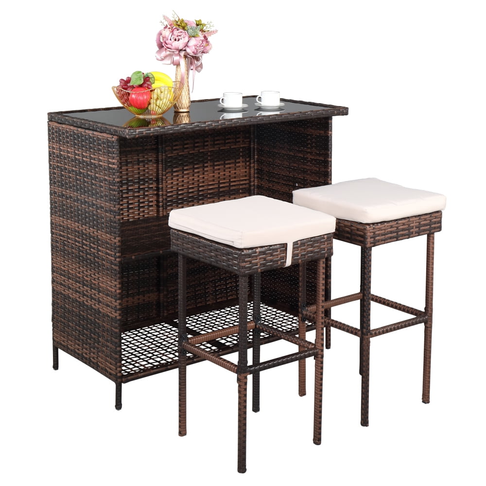 Hassch 3 Piece Patio Bar Set, Rattan Wicker Cushioned Bar Stools ...