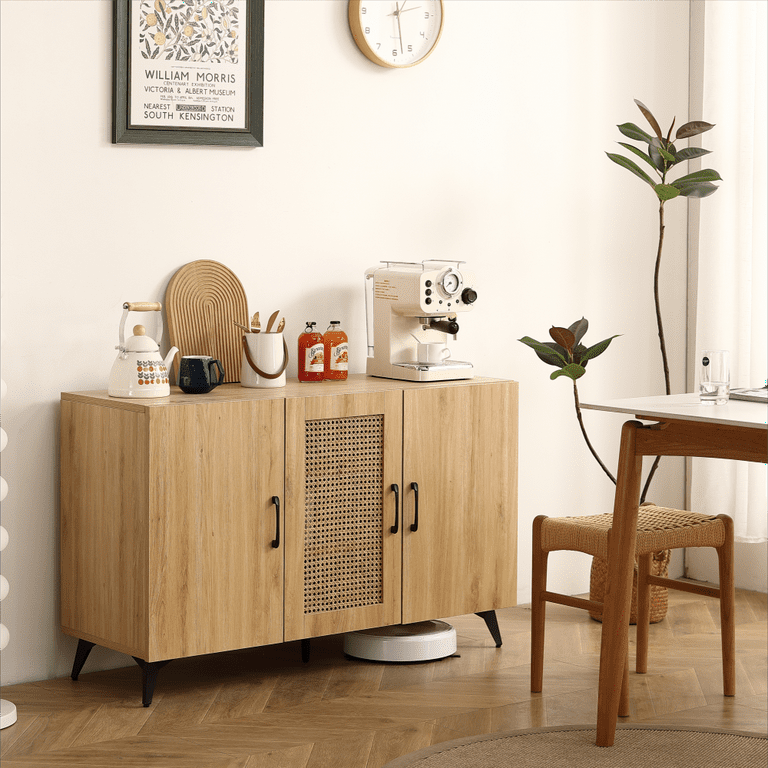 Hassch 45.2 Farmhouse Three Door Rattan Net Side Cabinet Sideboard Buffet Accent Media Console Table Design Mid Century Modern Console Table with