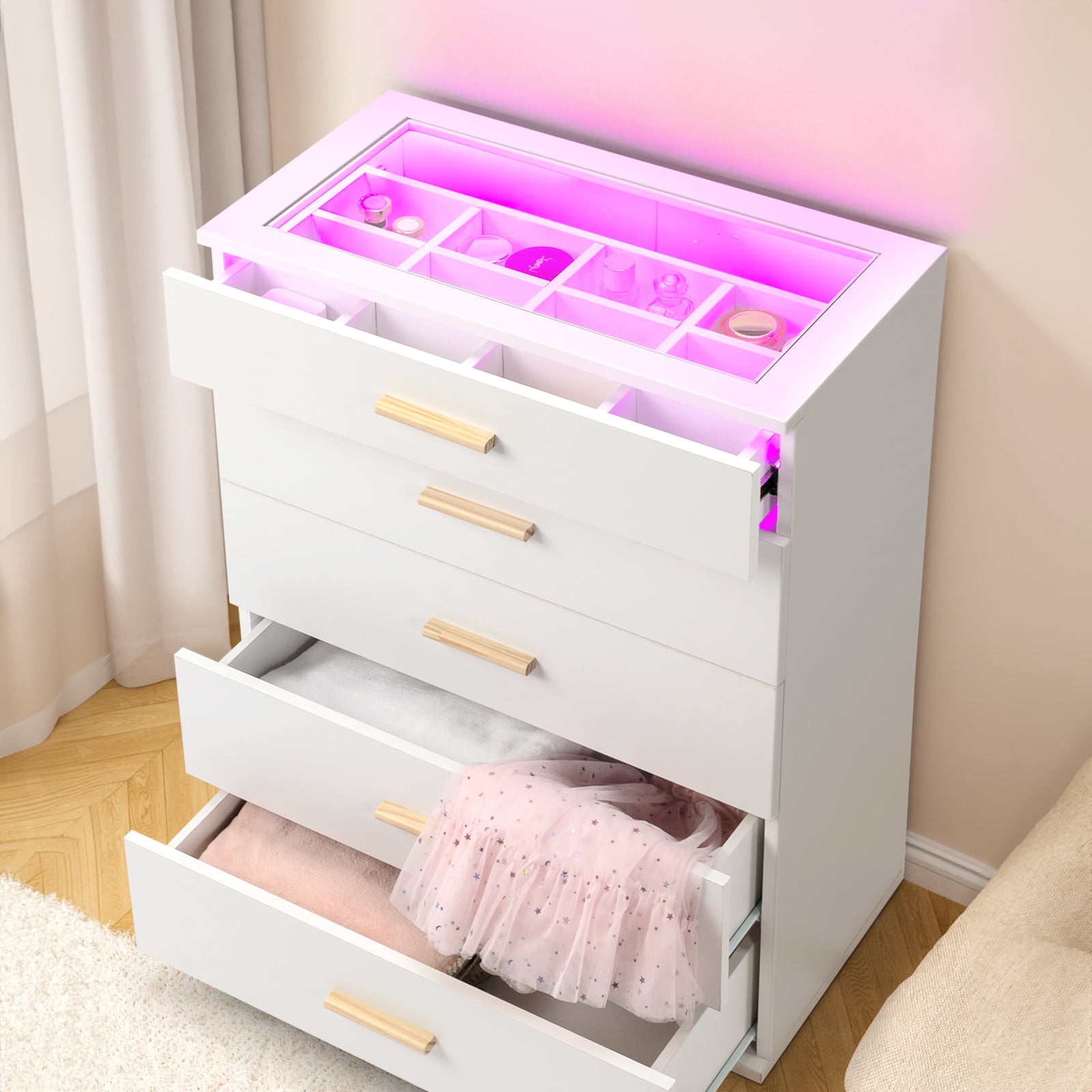 Hassch 5 Drawer LEDs Dresser with Glass Top & Drawer Organizer, Modern ...