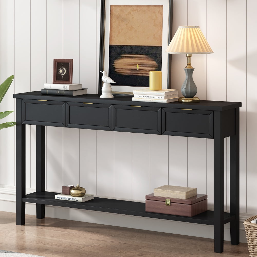 Hassch 60" Console Table with Storage, Modern Black Sofa Table Behind ...