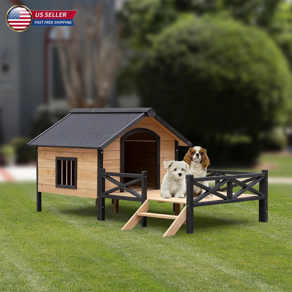 Hassch Outdoor Dog House with Porch, Waterproof Wooden Puppy Shelter ...