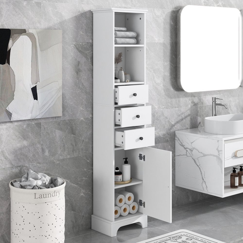 Hassch 68 Tall Storage Cabinet Narrow Cabinet with 3 Storage Drawers for Small Spaces Kitchen Bathroom White Walmart