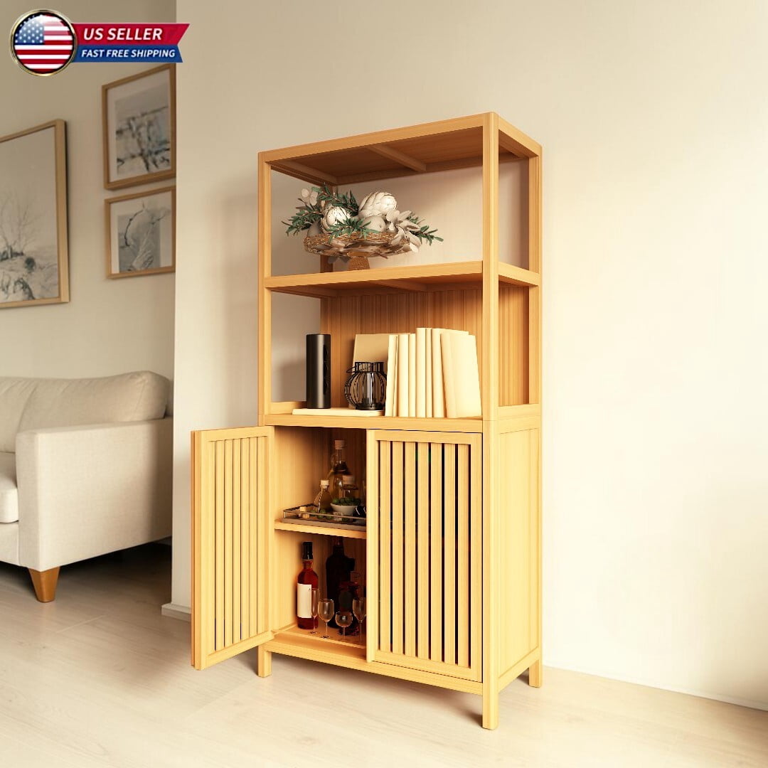 Hassch Bamboo Storage Cabinet with 2 Doors & Open Shelves – 52"H ...