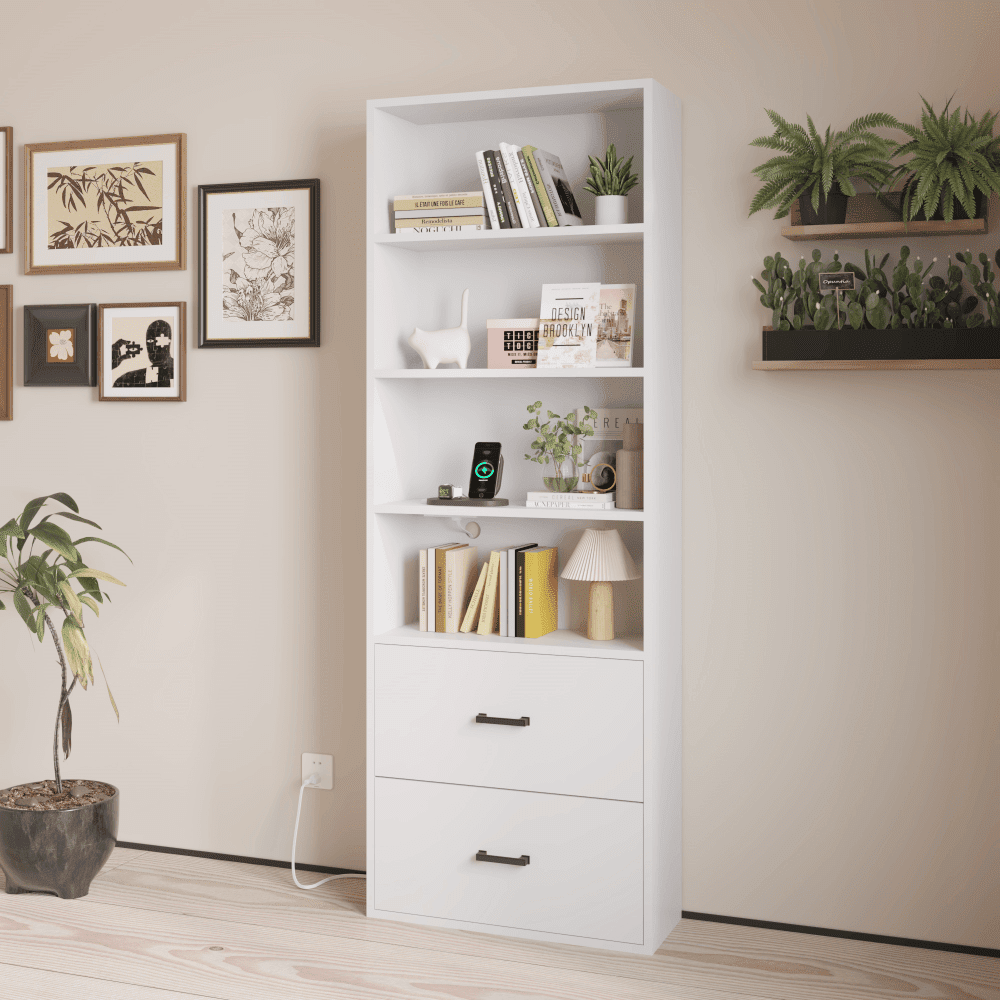 Hassch Bookcase with Charging Station, 70.8" Tall Storage Cabinet with ...