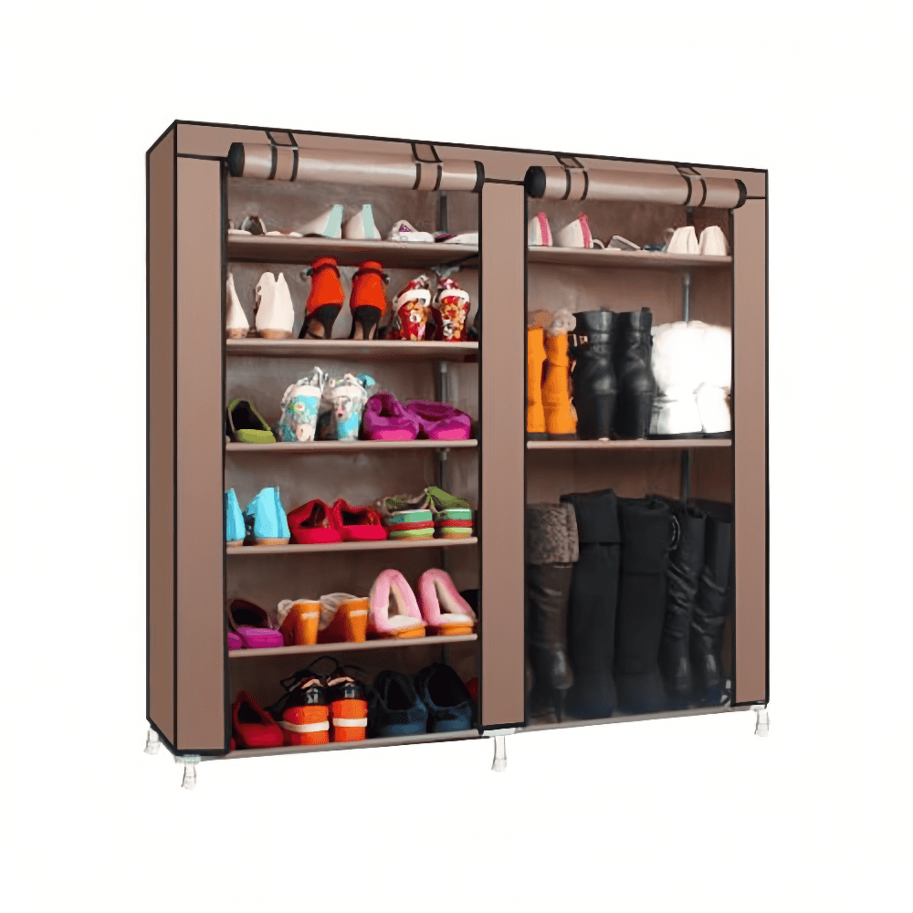 Hassch Double Row Shoe Rack with Cover and Side Pockets, Portable Shoe ...