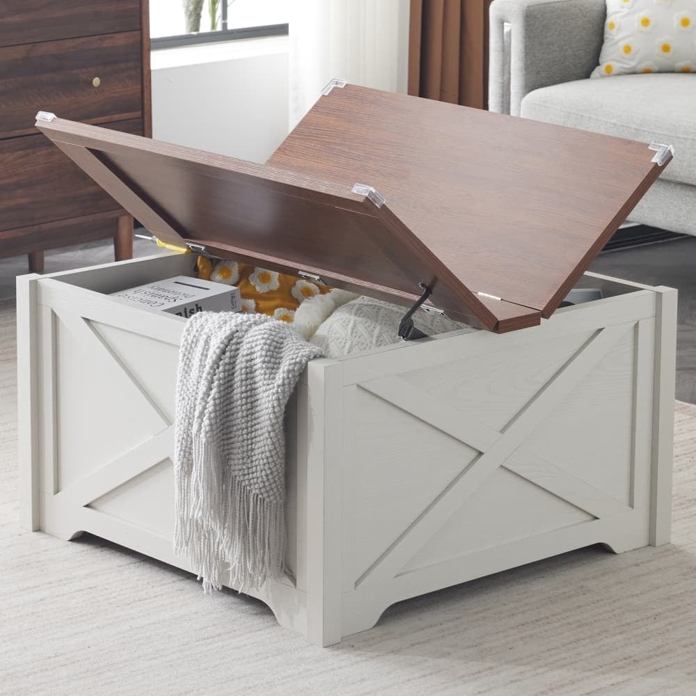 Hassch Farmhouse Coffee Table with Hidden Storage Space, 31.5" Square ...