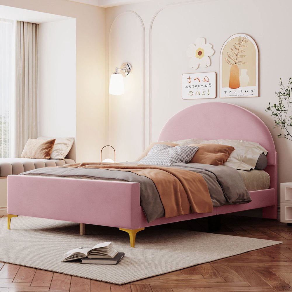 Hassch Full Size Bed Frame, Pink Velvet Upholstered Platform Bed with ...