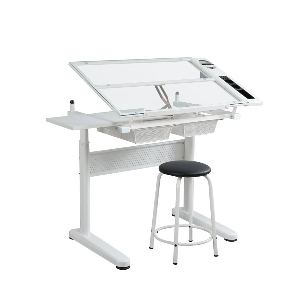 Hassch Height Adjustable Drafting Table with Stool,Glass Drawing Art ...