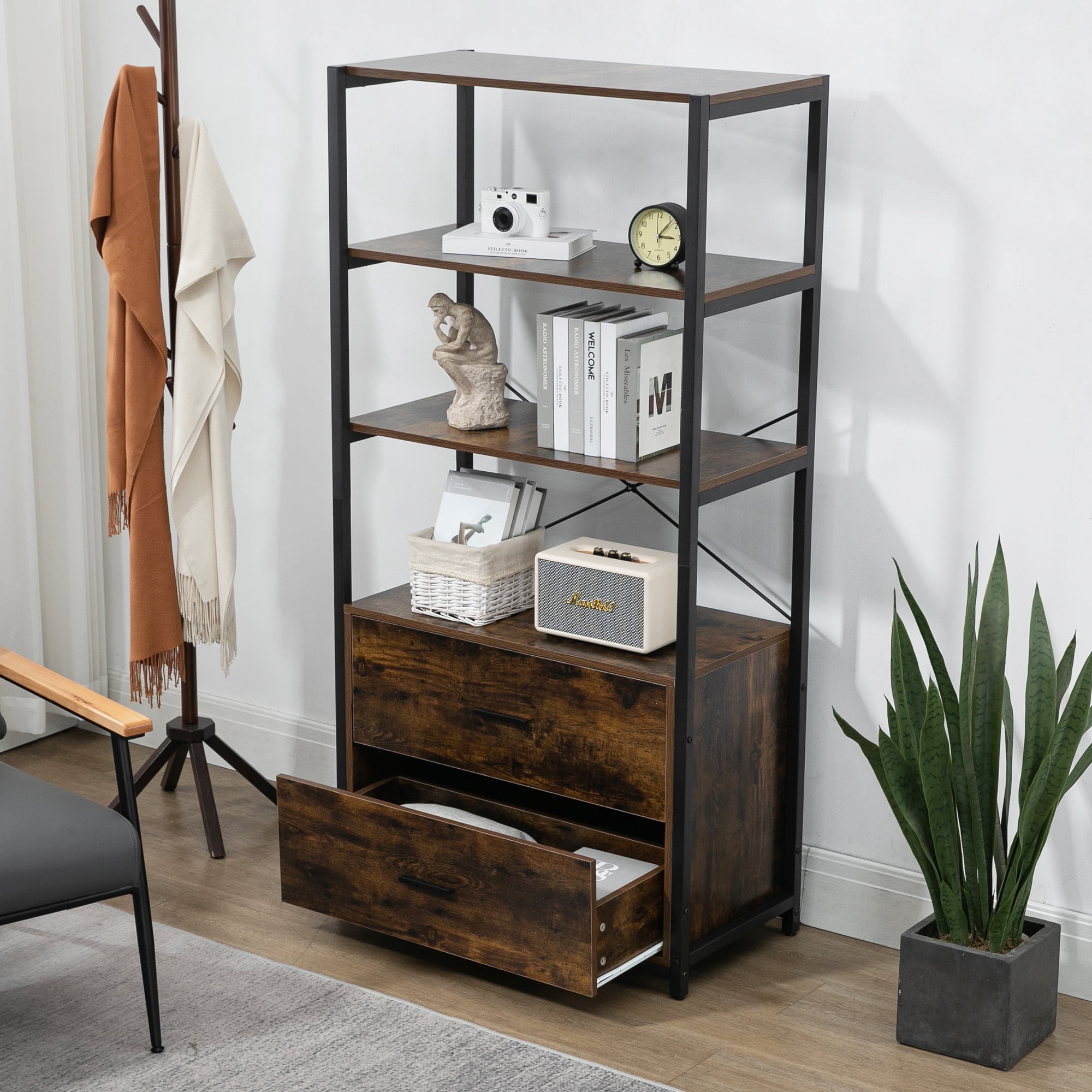 Hassch Industrial Bookcase with File Cabinet Drawers, 62.7 in Tall ...