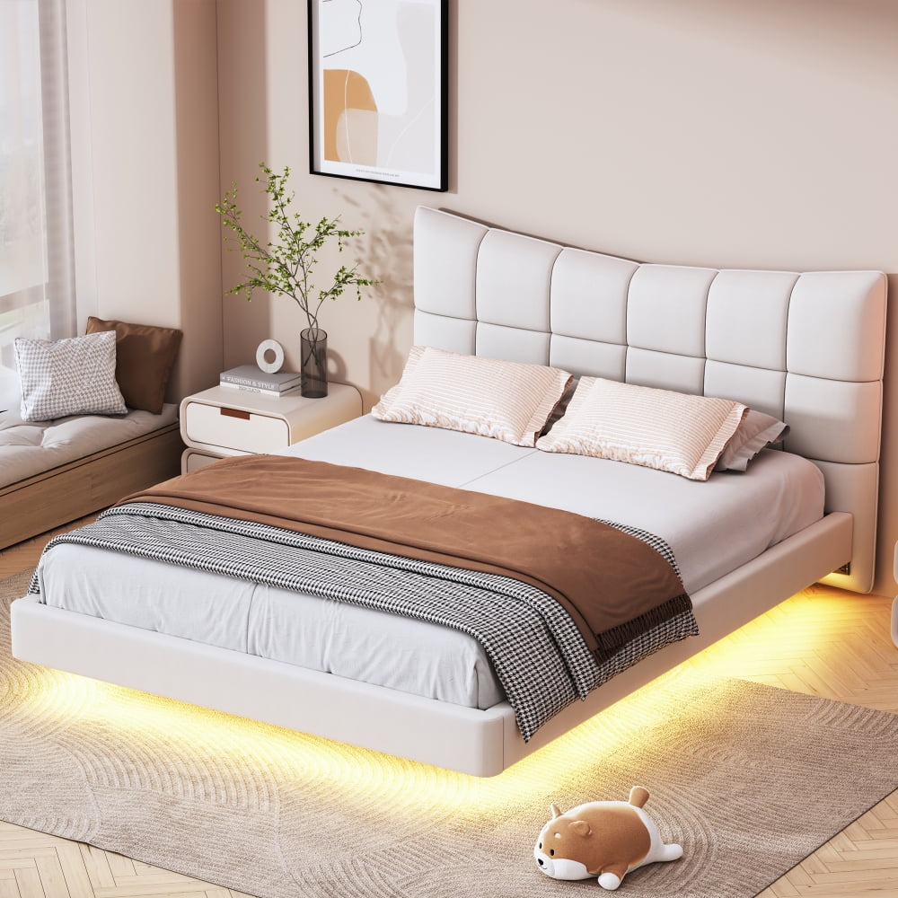 Hassch LED Floating Bed, Full Size Upholstered Platform Bed with LED ...