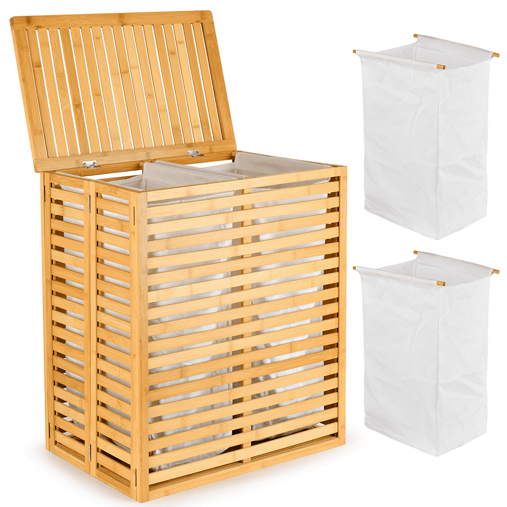 Hassch Laundry Hamper with Lid, Bamboo Divided Clothes Hamper with 2 ...