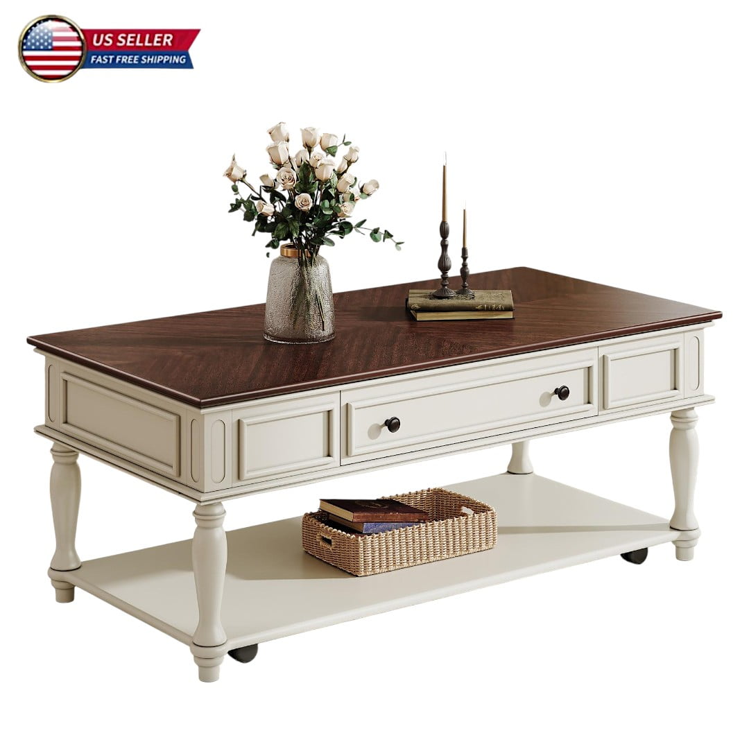 Hassch Mid-Century Wooden Coffee Table with Lower Shelf, Drawer, and ...