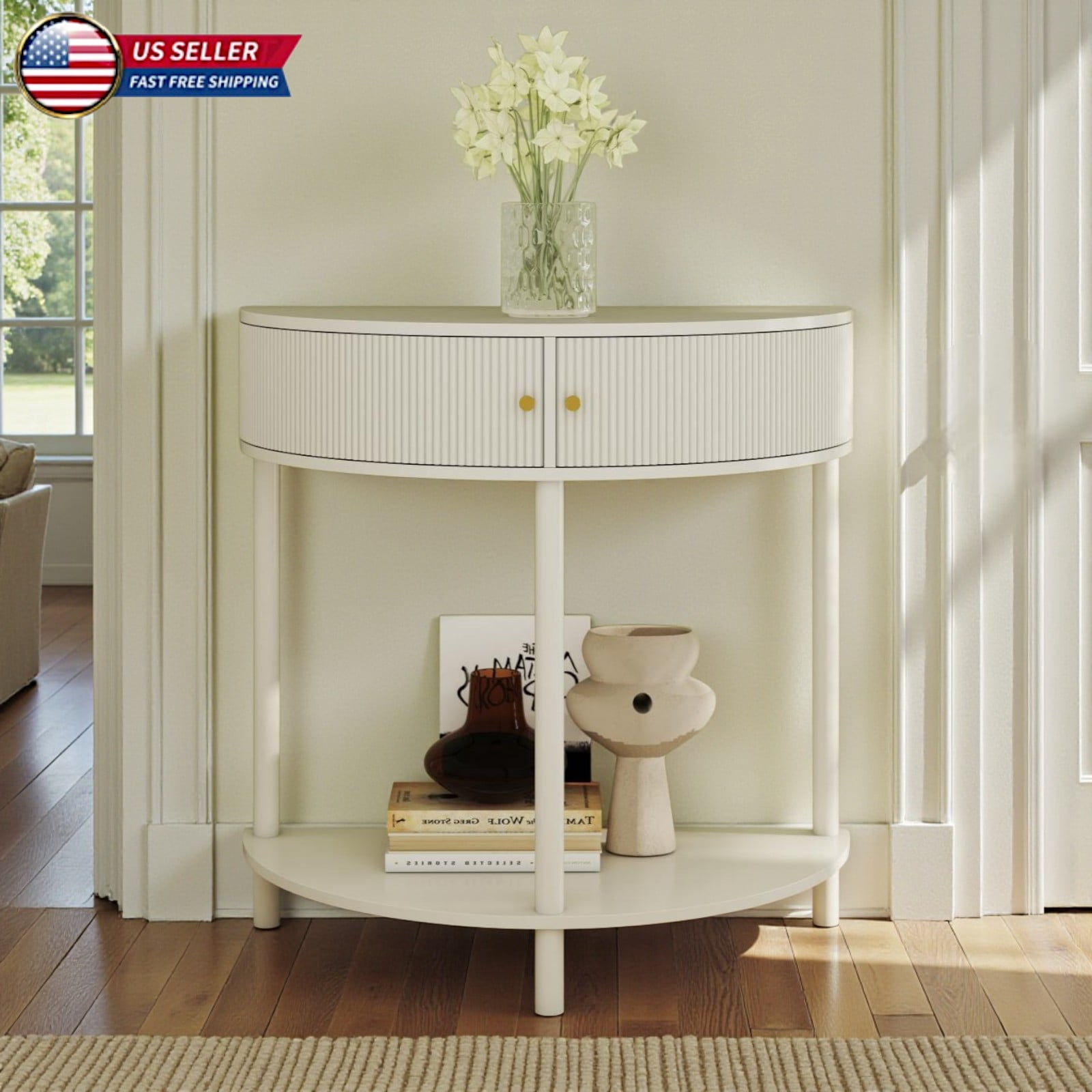 Hassch Modern Demi-Lune Console Table with Fluted Doors, Curved ...