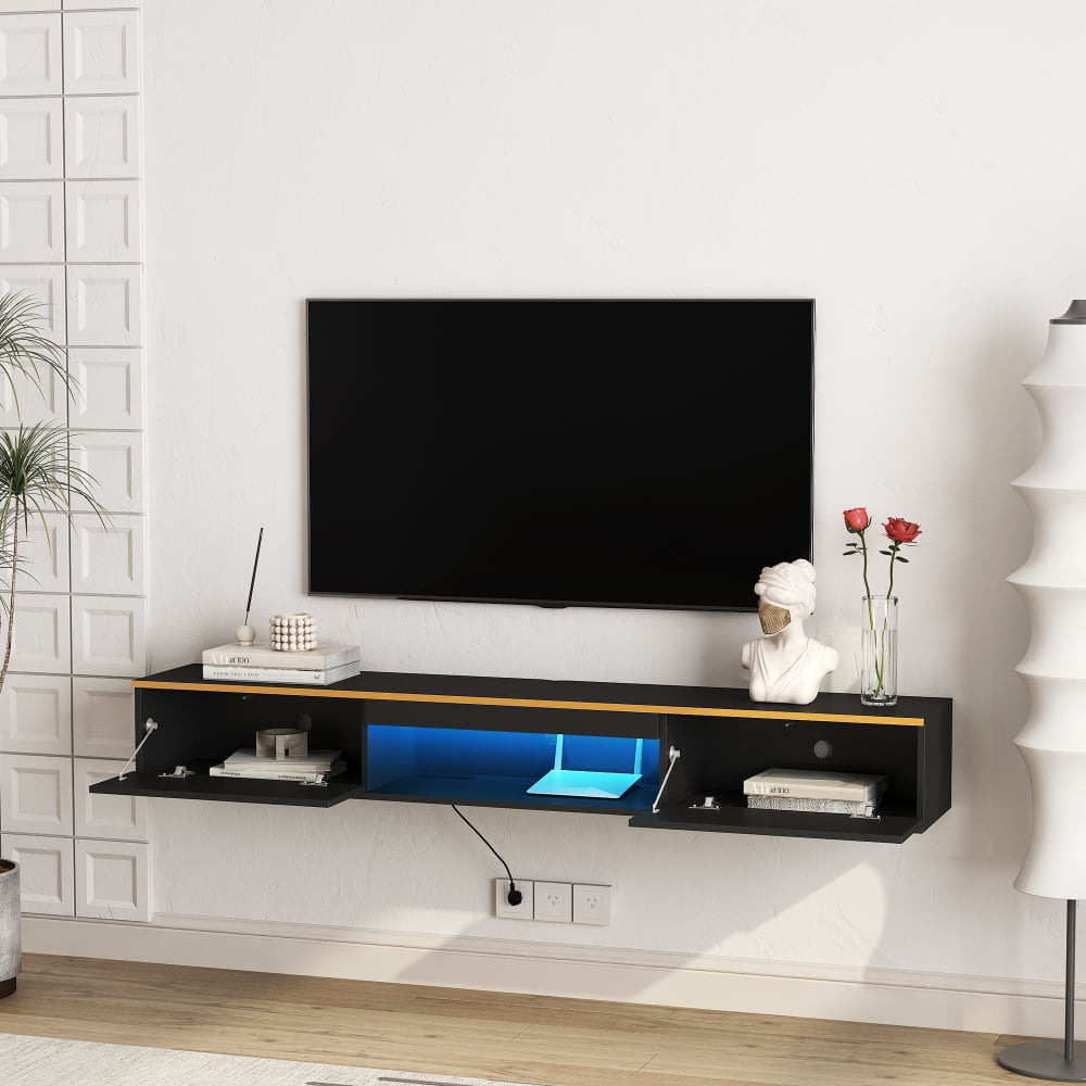 Hassch Modern Floating TV Stand with LED Lights & Power Outlets, 69.3 ...