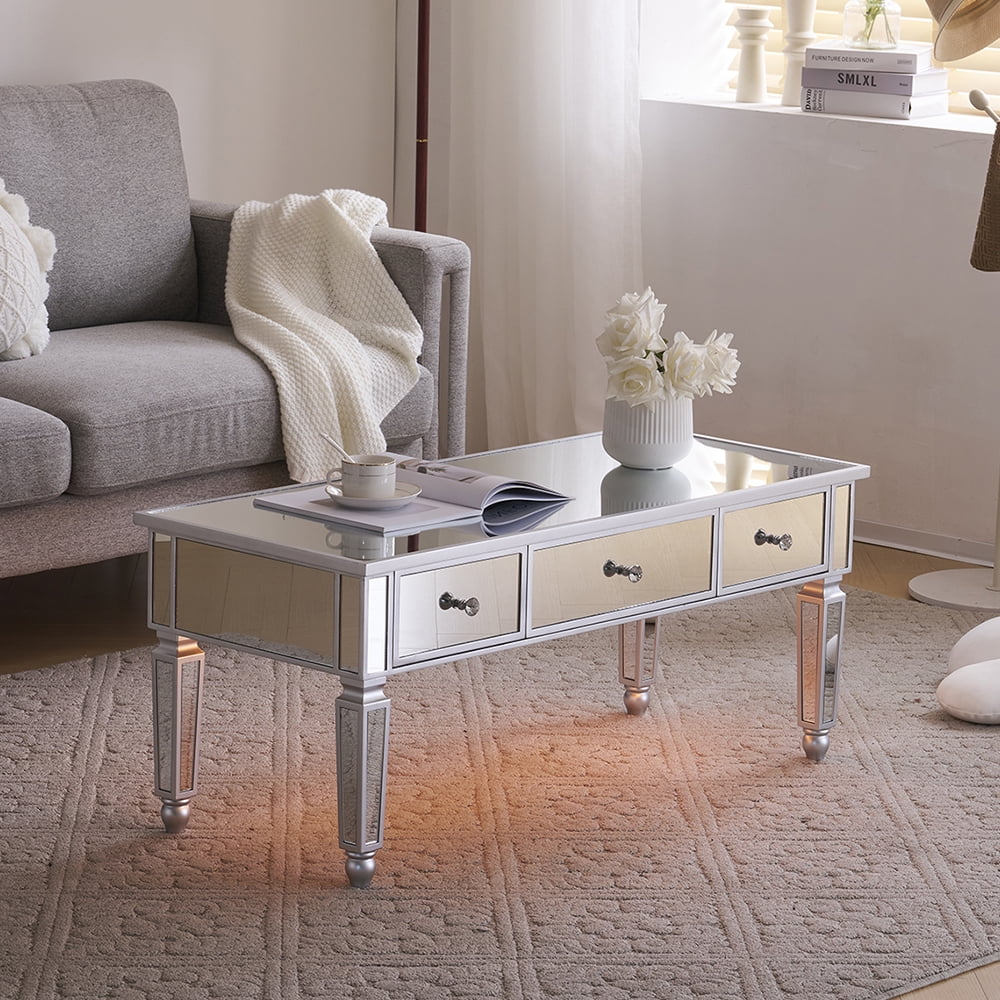 Hassch Modern Glass Mirrored Coffee Table with LED Lights and 3 Drawers ...