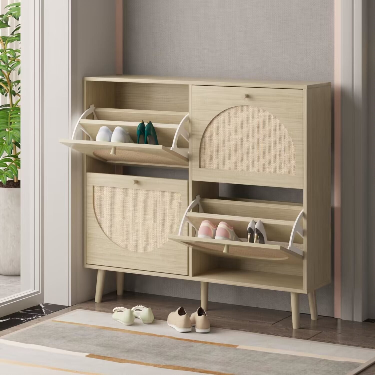 Hassch Natural Rattan Free-Standing Shoe Rack, Shoe Cabinet Wood ...
