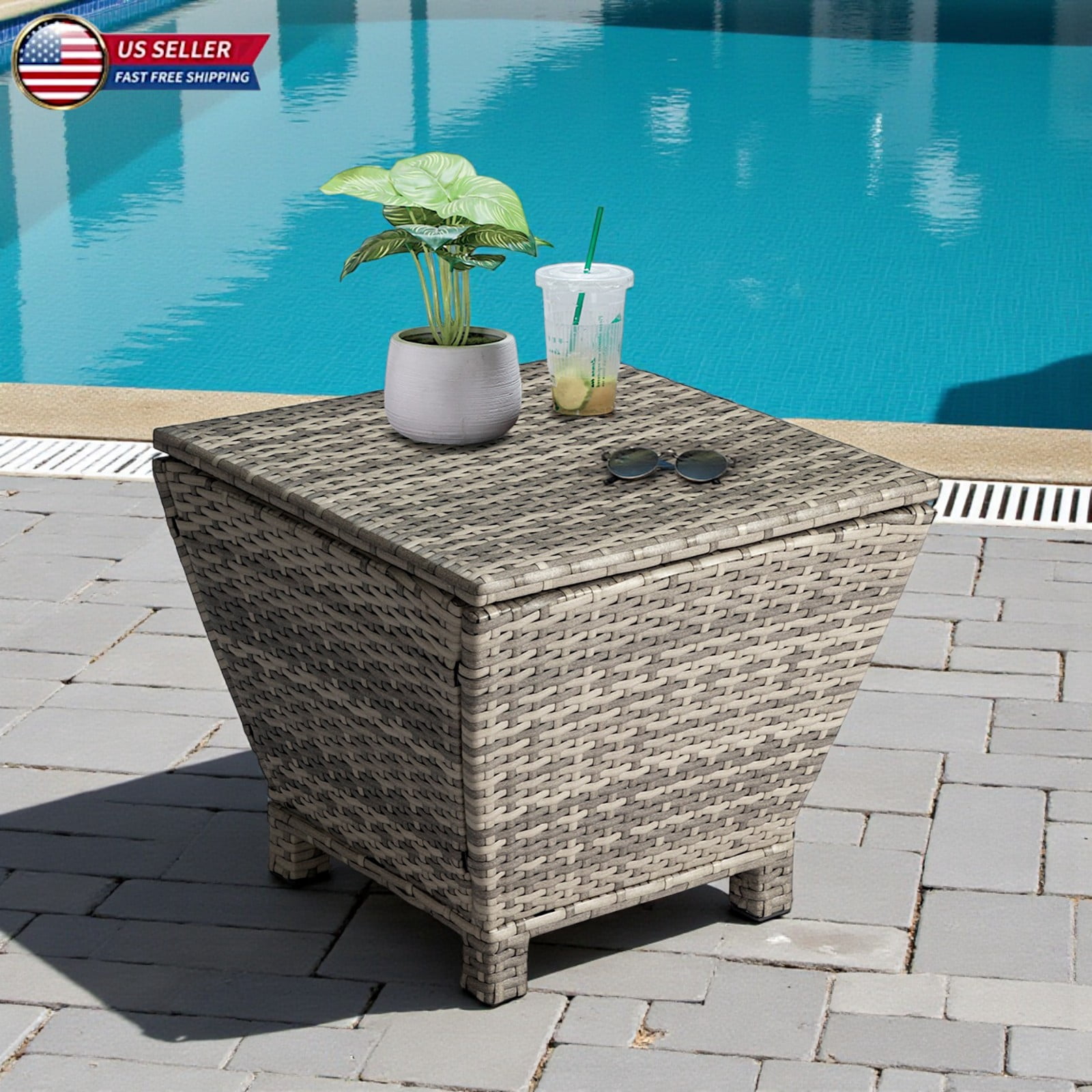 Hassch Rattan Trapezoid Side Table in Gray, 13-Gallon, Outdoor Patio ...