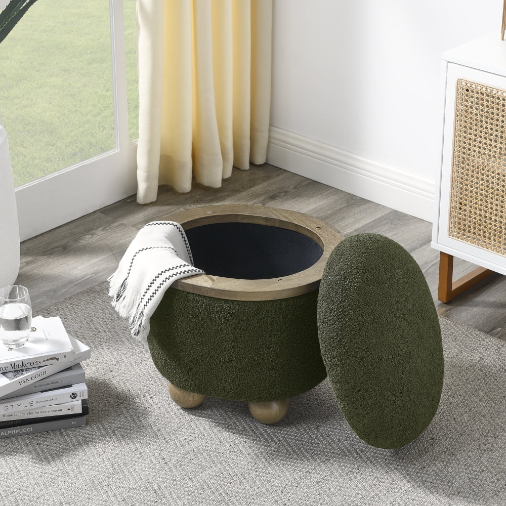 Hassch Round Ottoman with Storage, Loop Yarn Fabric Upholstered Storage Bench with Cushioned ...