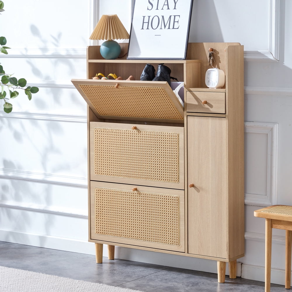 Hassch Shoe Storage Cabinet, Rattan Shoe Organizer with 3 Flip Drawers ...