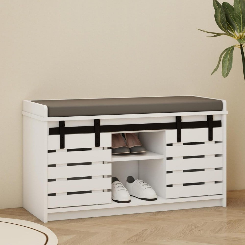 Hassch Storage Bench with Soft Removable Cushion, 2-Tier Shoe Rack ...