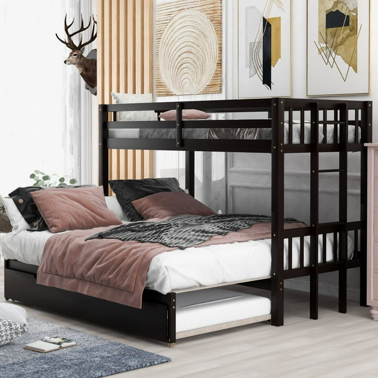 Hassch Twin Over Pull Out Bunk Bed with Trundle Wooden Twin Over Twin Double Twin Bunk Bed Accommodate 4 People Extendable Bunk Beds with Ladder and Safety Rail Espresso Walmart