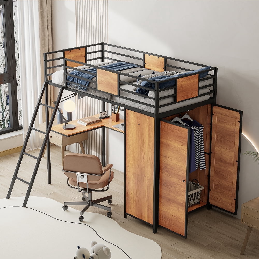 Hassch Twin Size High Metal Loft Bed Frame with L-Shaped Desk, Storage ...