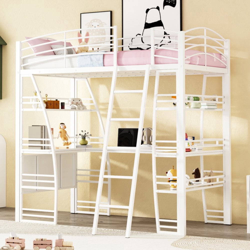 Hassch Twin Size Loft Bed with 4 Layers of Shelves and L-Shaped Desk ...