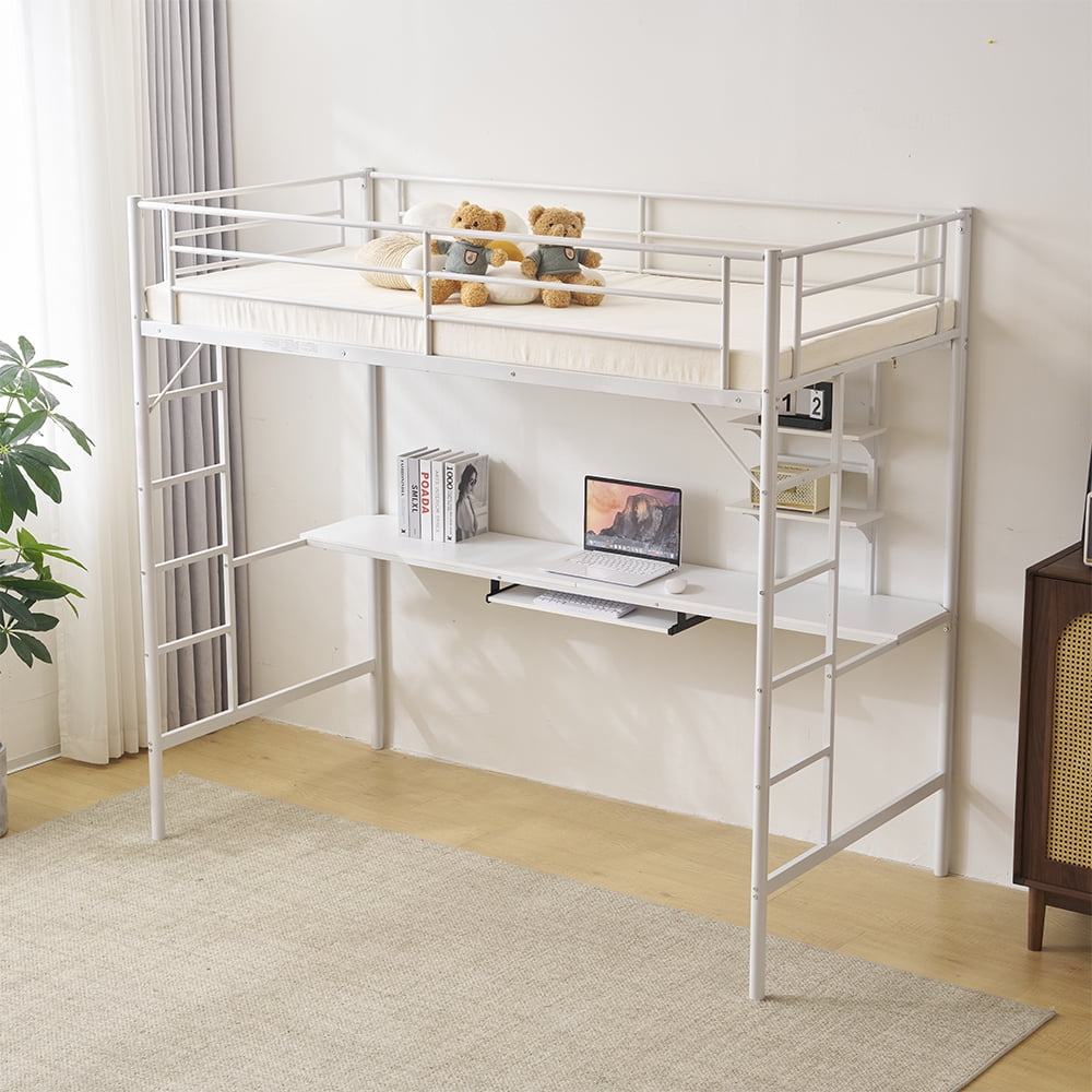 Hassch Twin Size Metal Loft Bed with 2 Built-in Ladders & Full-Length ...