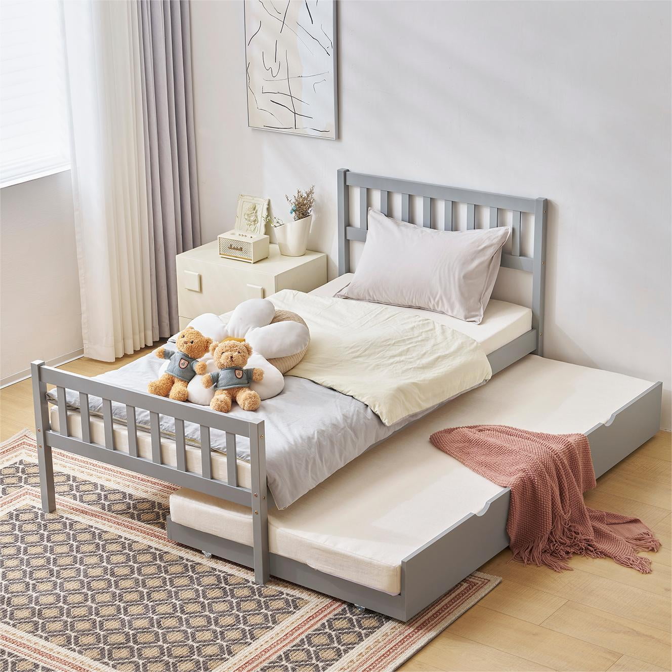 Hassch Twin Size Platform Bed with Trundle Bed, Gray Wood Bed Frame ...