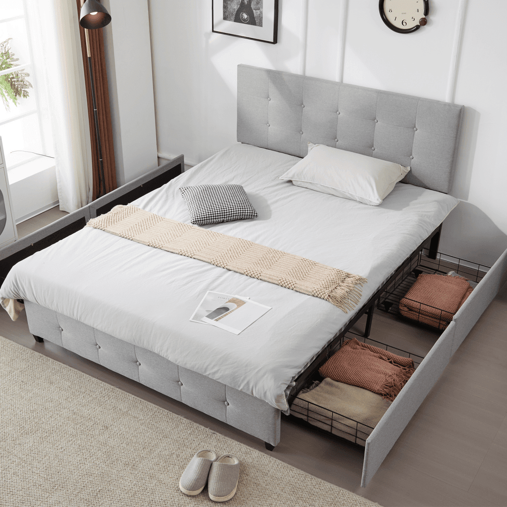 Hassch Upholstered Linen Fabric Platform Bed Full Size, Wood Bed Frame ...