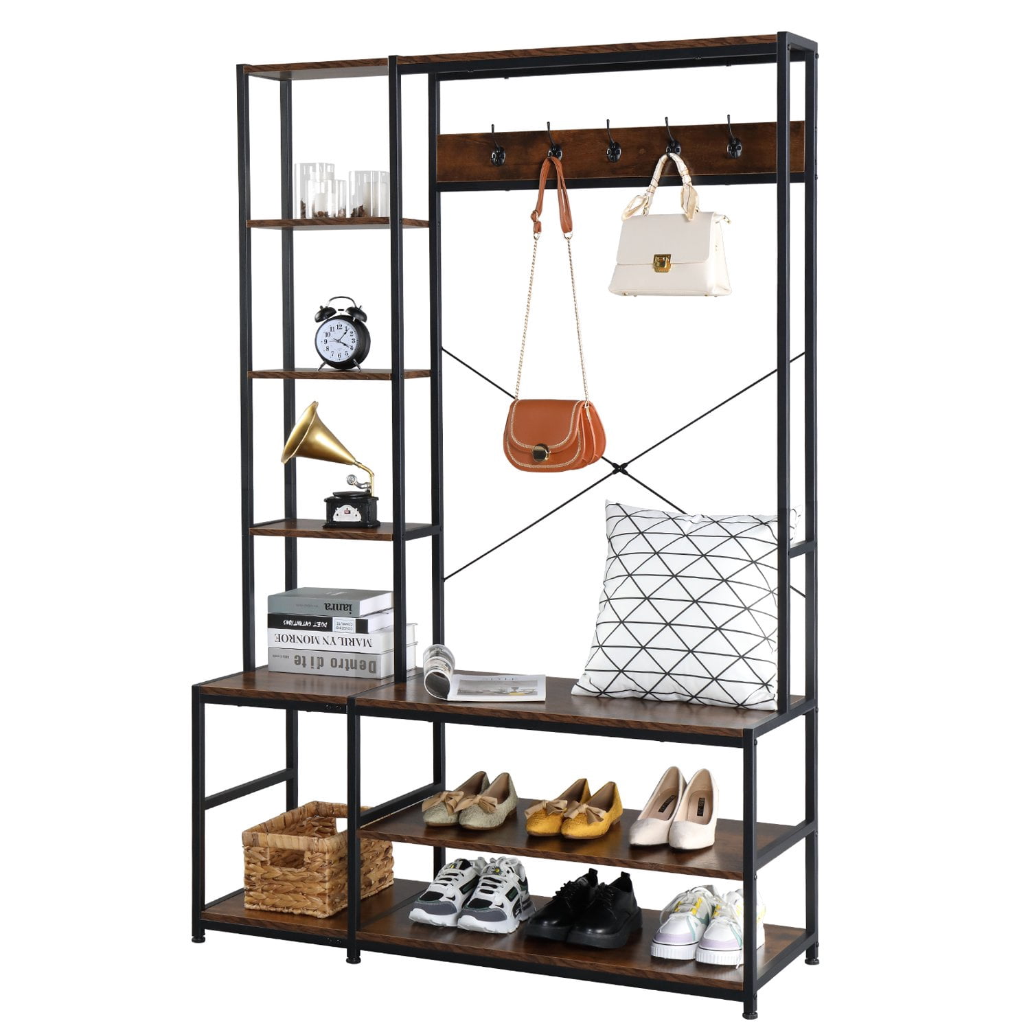 Hassch Vintage Metal Entryway Hall Trees with Hooks, Side Storage ...
