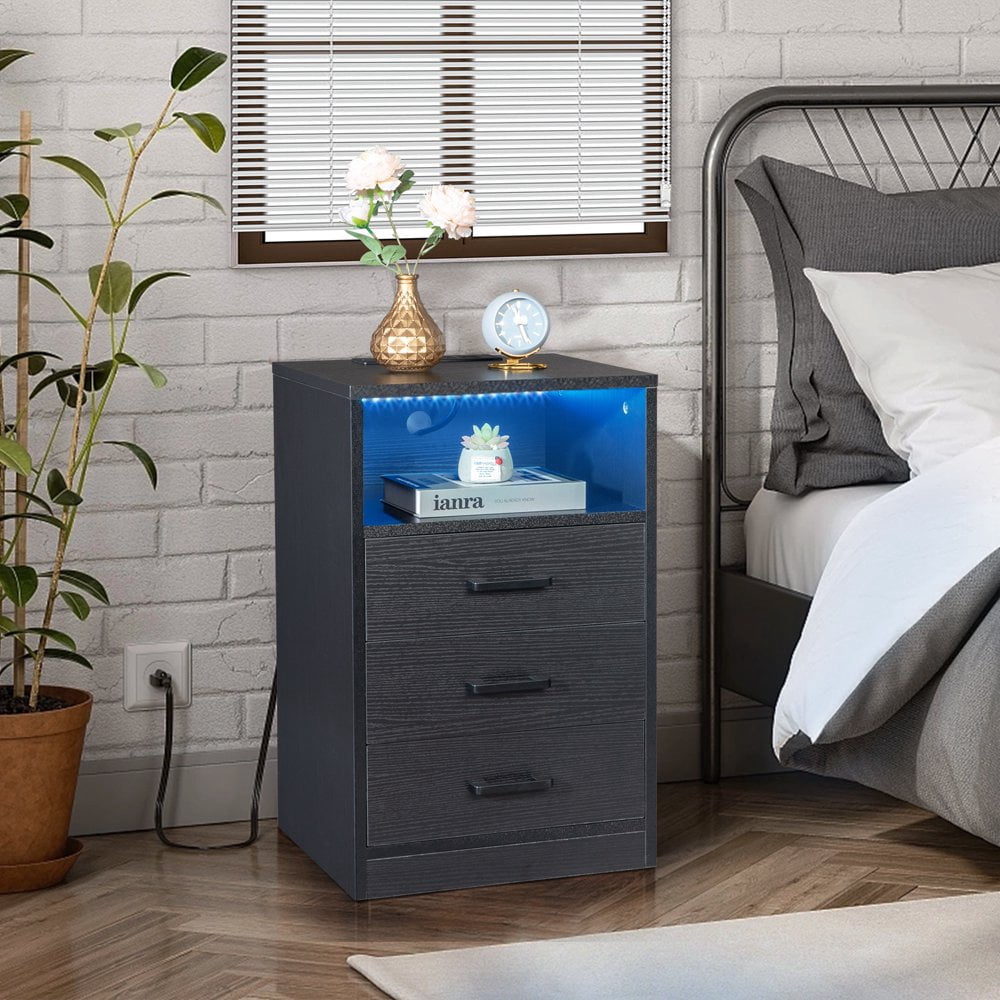 Hassch Wood Nightstand with LED Lights, Wireless Charge Station, 3 ...