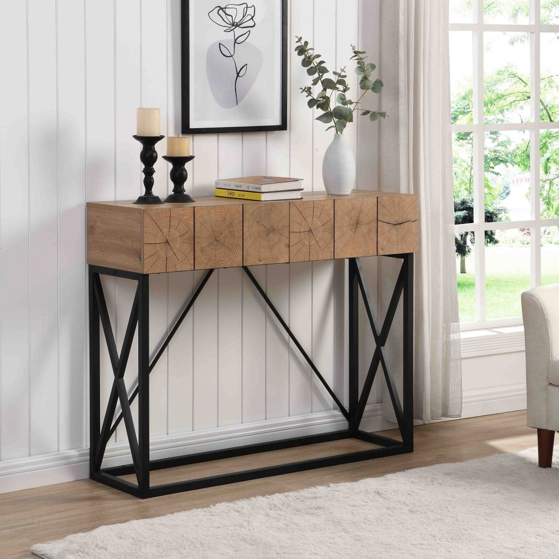 Hassch Wooden Console Table with Black Metal Leg, Hallway Table with 2 ...