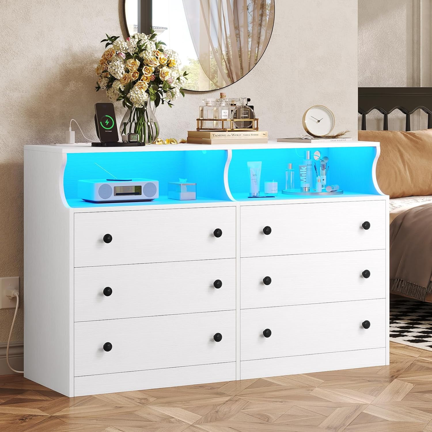 Hasuit 6 Drawer Dresser with LED Lights and Charging Station, Wide ...