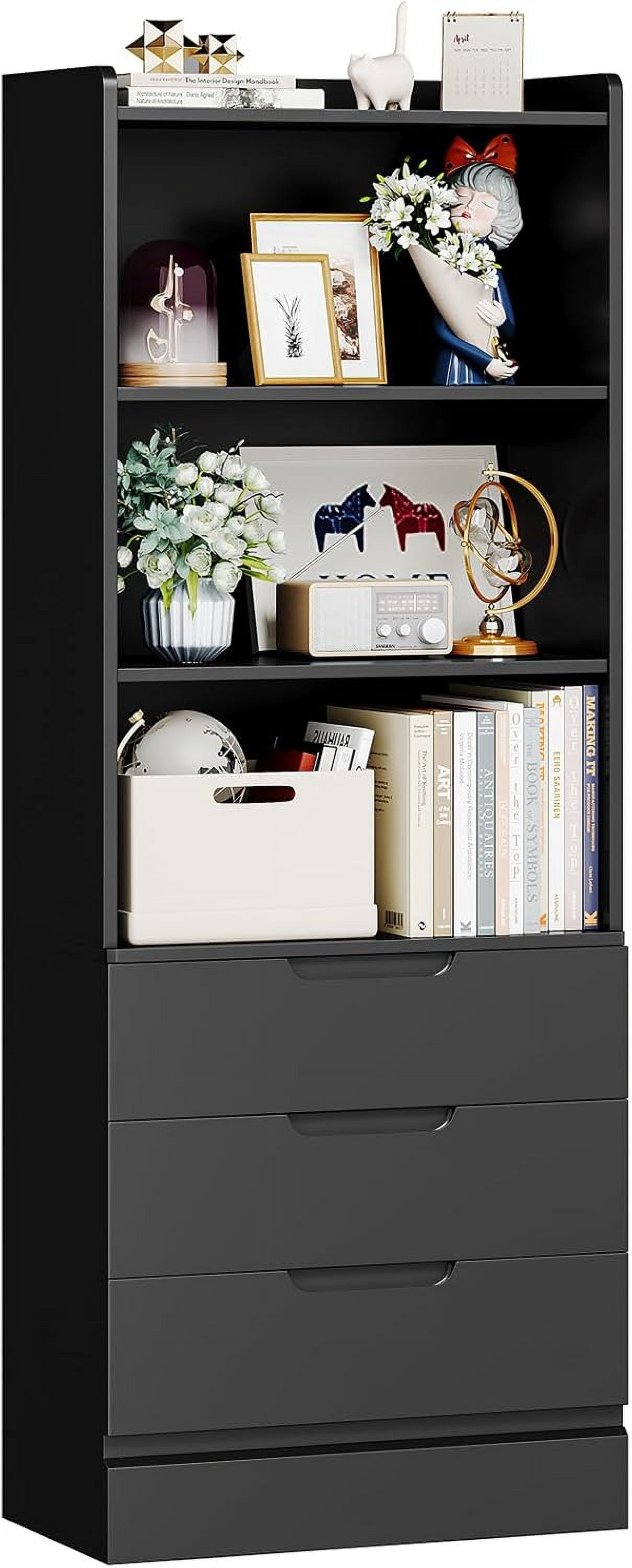 Hasuit Black Bookshelf with Drawers Tall Bookcase with 3 Drawers and 3 ...