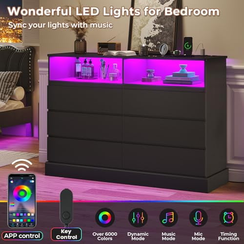 Hasuit Black Dresser for Bedroom with LED Lights and Charging Station ...