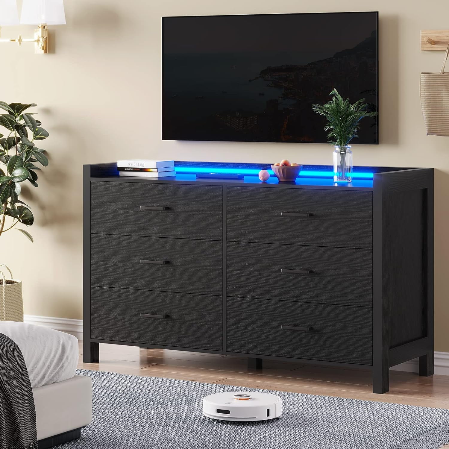 Hasuit Black Dresser for Bedroom with LED Lights, Large Capacity Wooden ...