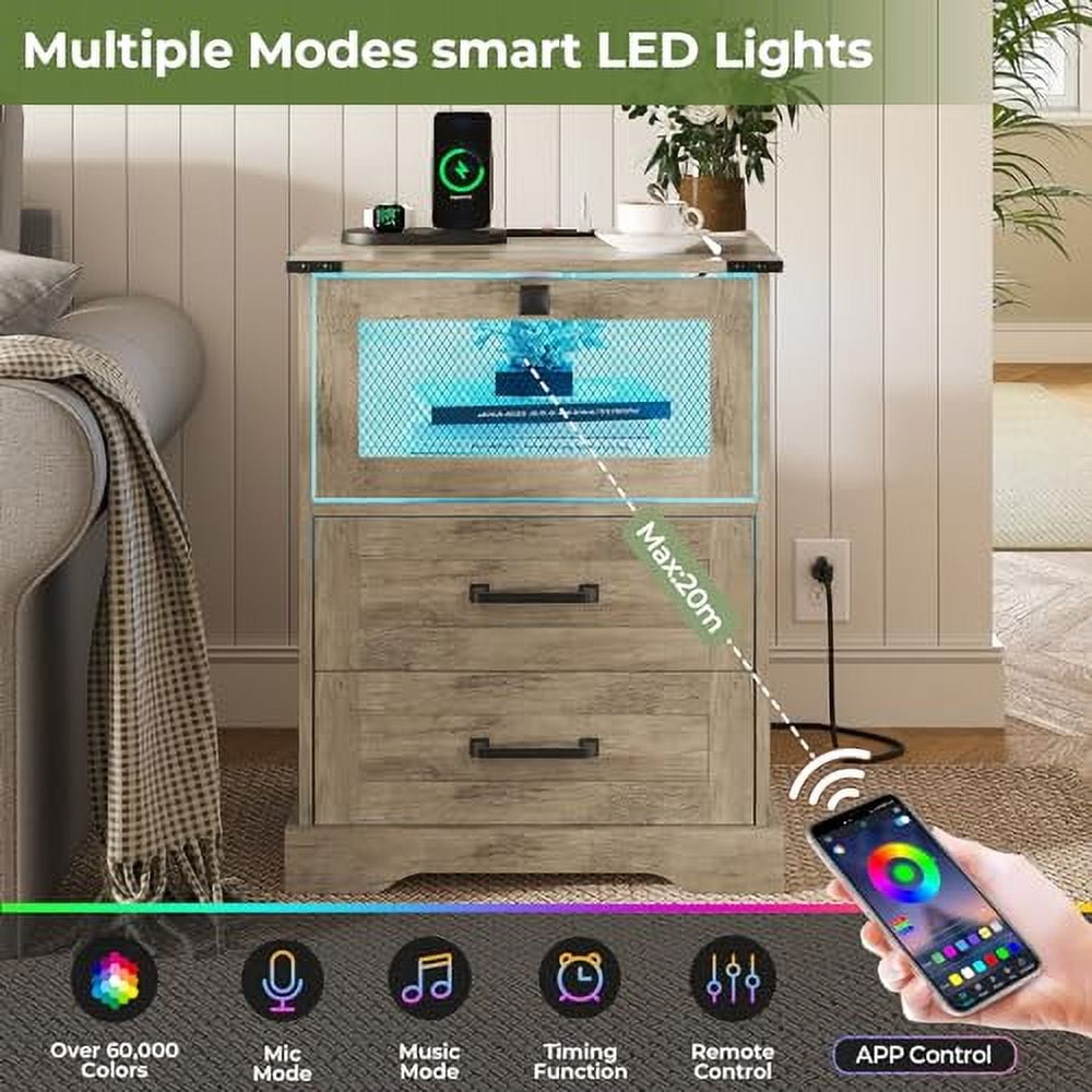 Hasuit Farmhouse Night Stand with LED Lights and Charging Station ...